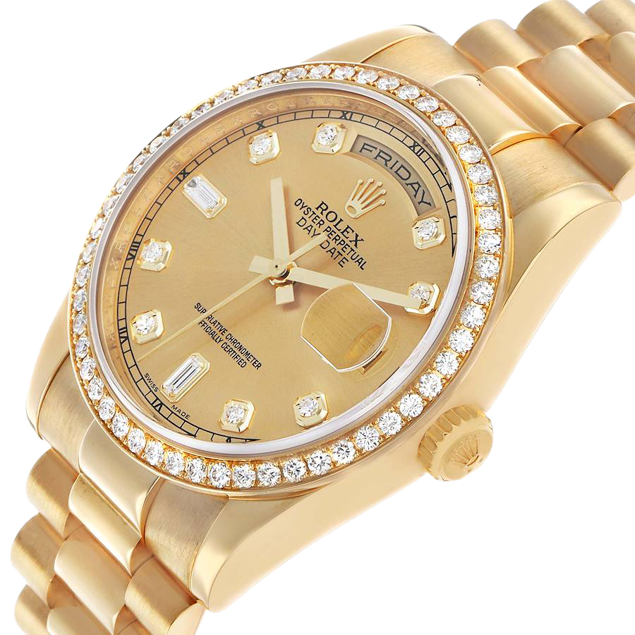 Rolex President Day-Date 36mm Yellow Gold Diamond Bezel Mens Watch ...